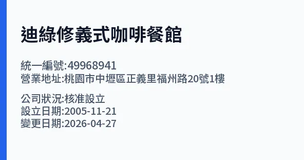 迪綠修義式咖啡餐館的照片-統編 49968941(桃園市) 公司登記資料與營業項目詳細圖表