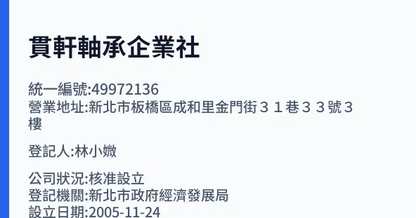 貫軒軸承企業社的照片-統編 49972136(新北市) 公司登記資料與營業項目詳細圖表