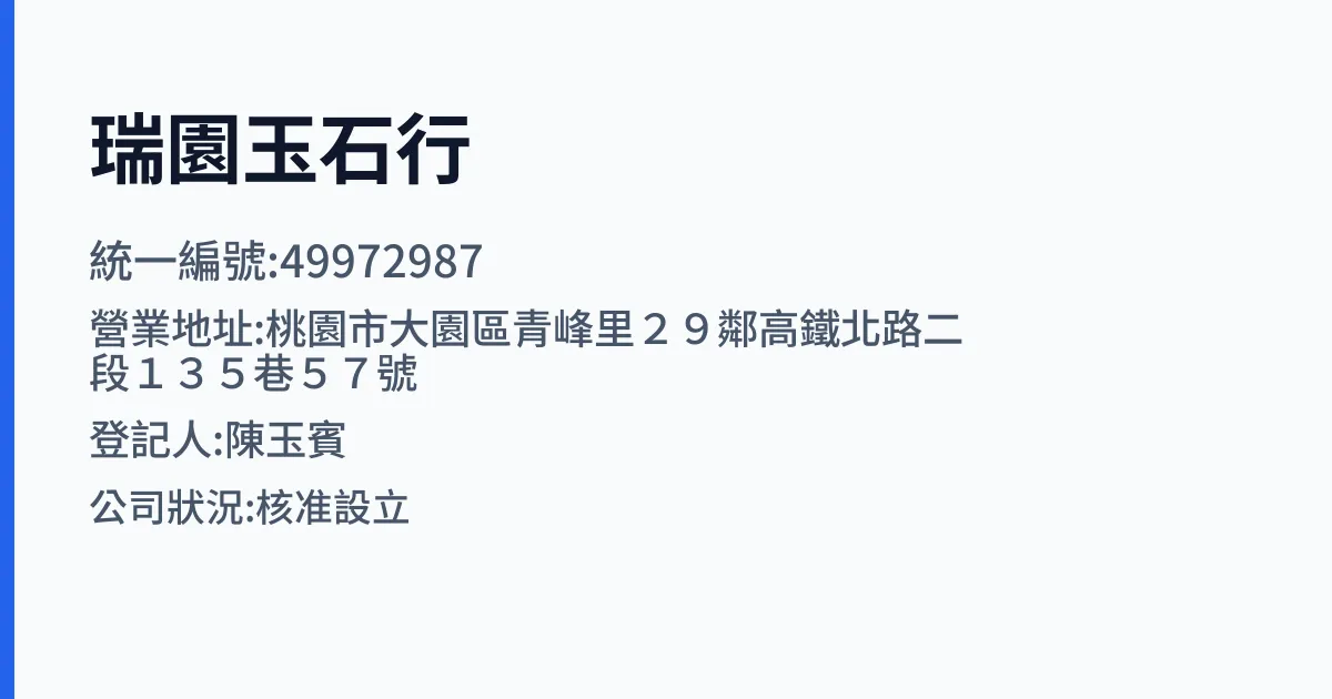瑞園玉石行 - 統編 49972987(桃園市) 公司登記資料與營業項目詳細圖表