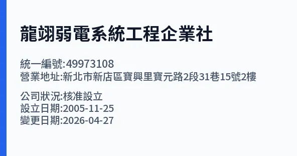 龍翊弱電系統工程企業社的照片-統編 49973108(新北市) 公司登記資料與營業項目詳細圖表