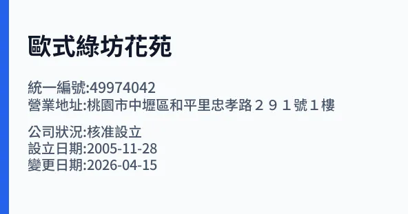 歐式綠坊花苑的照片-統編 49974042(桃園市) 公司登記資料與營業項目詳細圖表