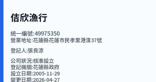 佶欣漁行的照片-統編 49975350(花蓮縣) 公司登記資料與營業項目詳細圖表