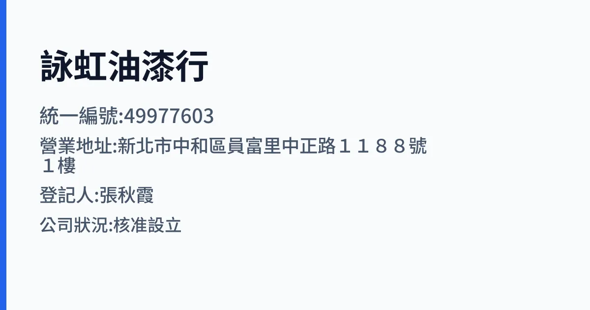 詠虹油漆行 - 統編 49977603(新北市) 公司登記資料與營業項目詳細圖表