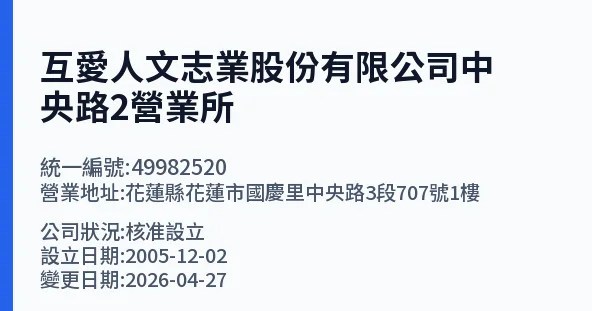 互愛人文志業股份有限公司中央路2營業所的照片-統編 49982520(花蓮縣) 公司登記資料與營業項目詳細圖表