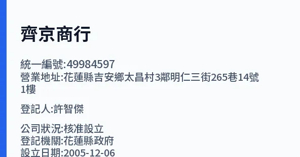齊京商行的照片-統編 49984597(花蓮縣) 公司登記資料與營業項目詳細圖表