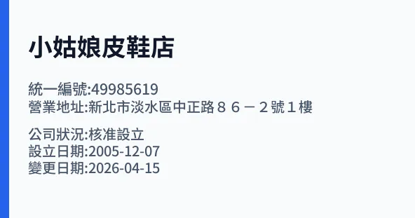 小姑娘皮鞋店的照片-統編 49985619(新北市) 公司登記資料與營業項目詳細圖表