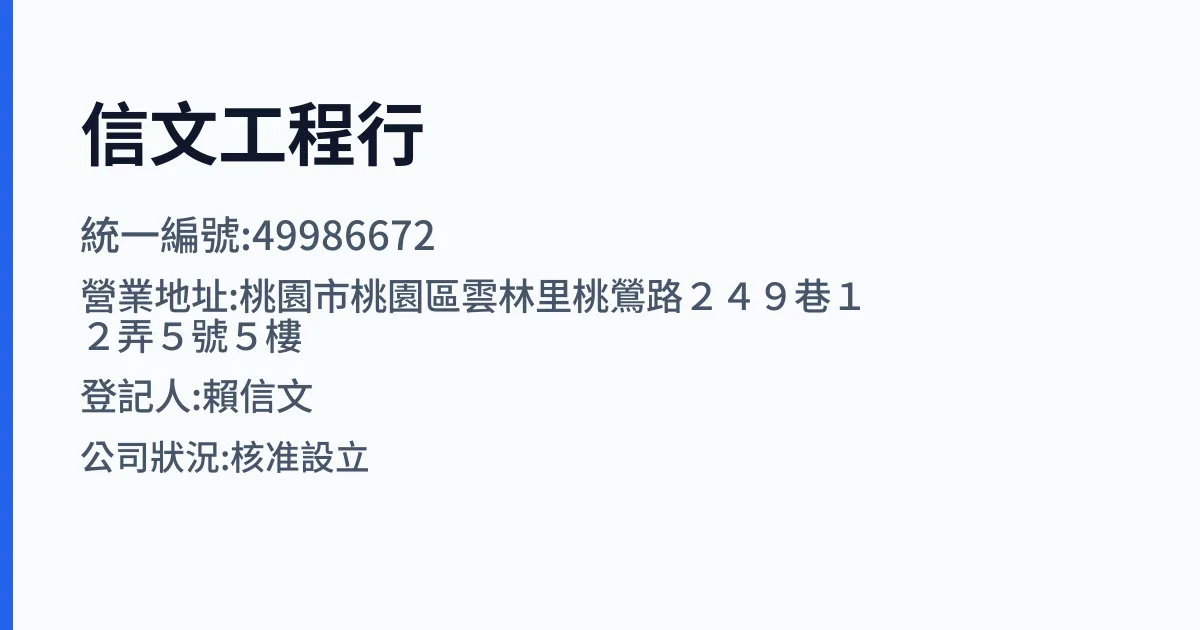 信文工程行 - 統編 49986672(桃園市) 公司登記資料與營業項目詳細圖表