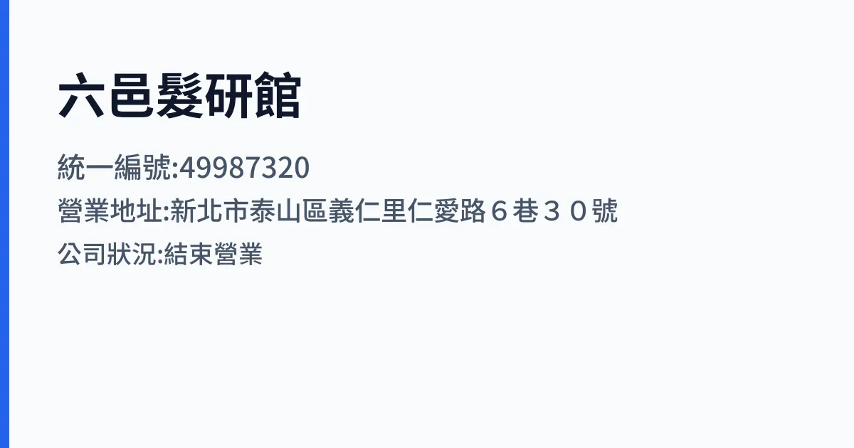 六邑髮研館 - 統編 49987320(新北市) 公司登記資料與營業項目詳細圖表