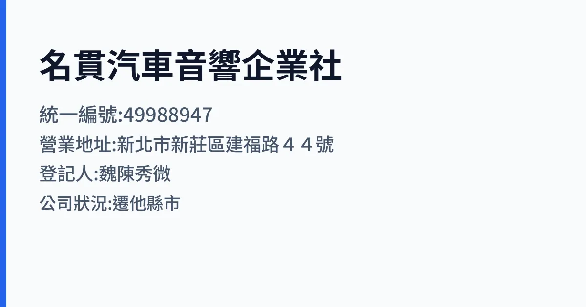 名貫汽車音響企業社 - 統編 49988947(桃園市) 公司登記資料與營業項目詳細圖表