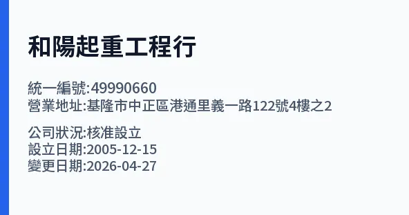 和陽起重工程行的照片-統編 49990660(基隆市) 公司登記資料與營業項目詳細圖表