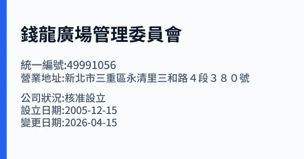 錢龍廣場管理委員會的照片-統編 49991056(新北市) 公司登記資料與營業項目詳細圖表