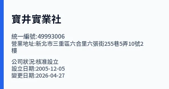 寶井實業社的照片-統編 49993006(新北市) 公司登記資料與營業項目詳細圖表