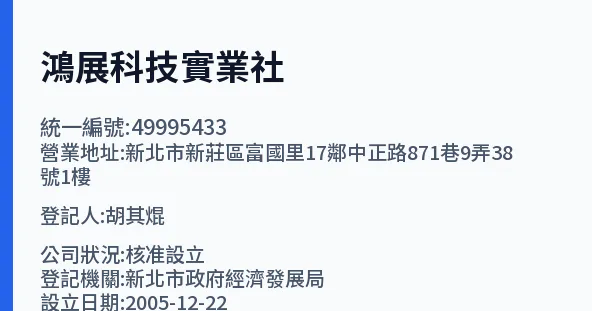 鴻展科技實業社的照片-統編 49995433(新北市) 公司登記資料與營業項目詳細圖表