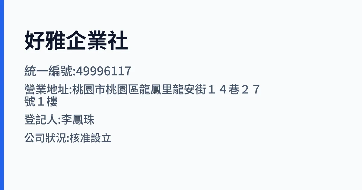 好雅企業社 - 統編 49996117(桃園市) 公司登記資料與營業項目詳細圖表
