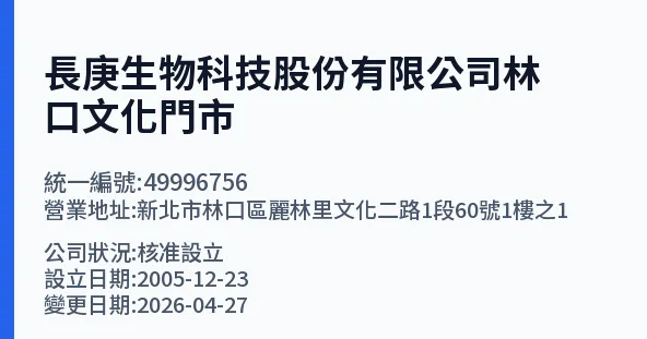 長庚生物科技股份有限公司林口文化門市的照片-統編 49996756(新北市) 公司登記資料與營業項目詳細圖表