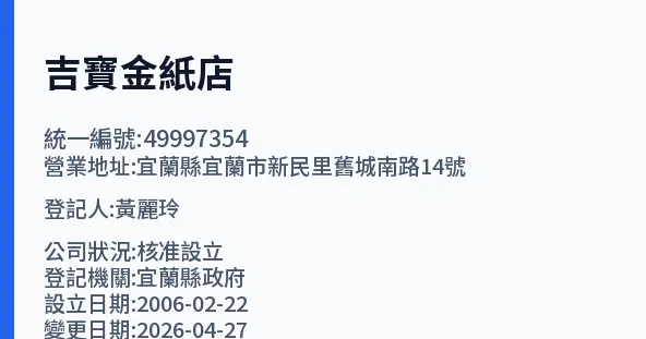 吉寶金紙店的照片-統編 49997354(宜蘭縣) 公司登記資料與營業項目詳細圖表