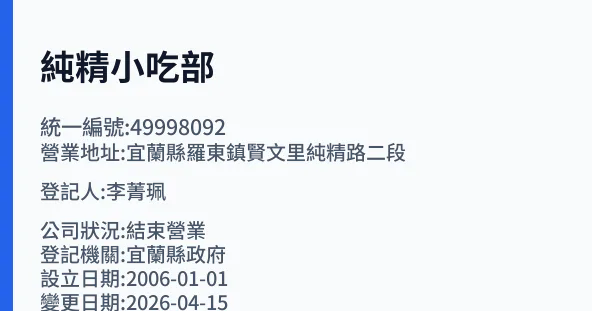 純精小吃部的照片-統編 49998092(宜蘭縣) 公司登記資料與營業項目詳細圖表