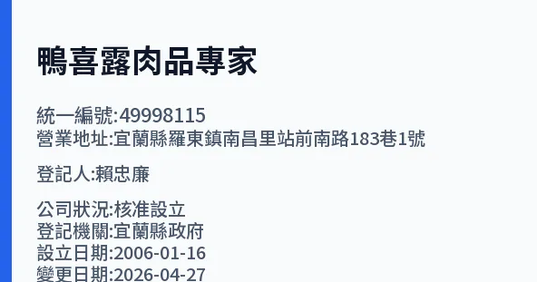 鴨喜露肉品專家的照片-統編 49998115(宜蘭縣) 公司登記資料與營業項目詳細圖表