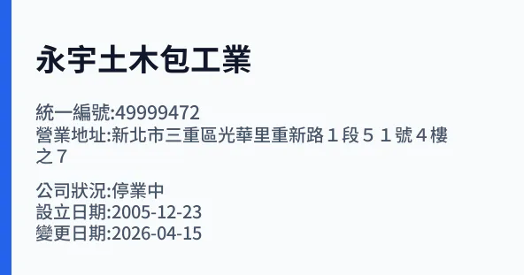 永宇土木包工業的照片-統編 49999472(新北市) 公司登記資料與營業項目詳細圖表