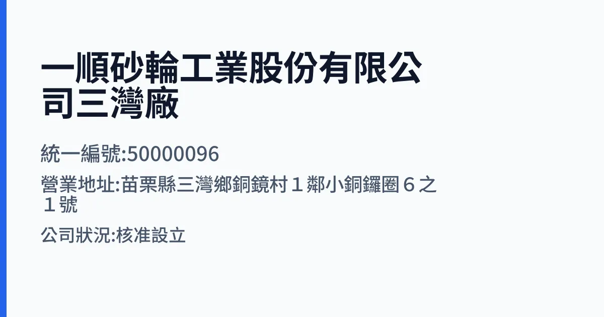 一順砂輪工業股份有限公司三灣廠 - 統編 50000096(苗栗縣) 公司登記資料與營業項目詳細圖表