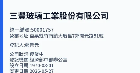 三豐玻璃工業股份有限公司的照片-統編 50001757(苗栗縣) 公司登記資料與營業項目詳細圖表