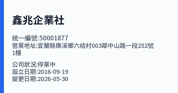 鑫兆企業社的照片-統編 50001877(宜蘭縣) 公司登記資料與營業項目詳細圖表