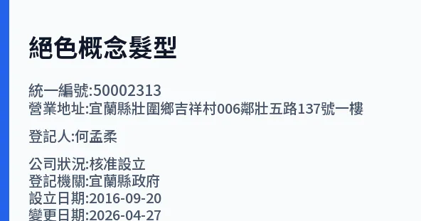 絕色概念髮型的照片-統編 50002313(宜蘭縣) 公司登記資料與營業項目詳細圖表