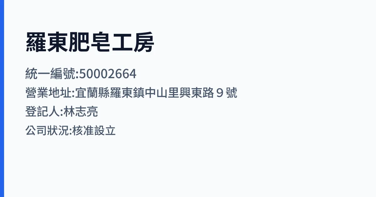 羅東肥皂工房 - 統編 50002664(宜蘭縣) 公司登記資料與營業項目詳細圖表