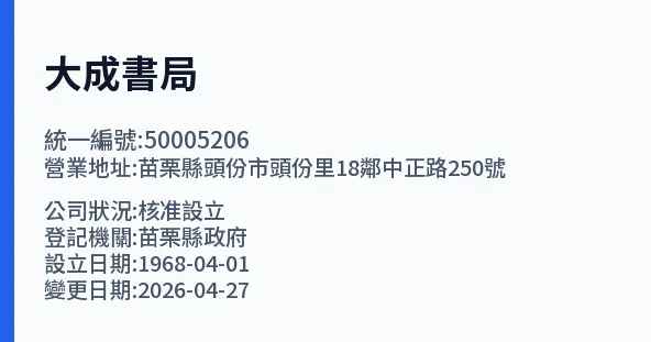 大成書局的照片-統編 50005206(苗栗縣) 公司登記資料與營業項目詳細圖表