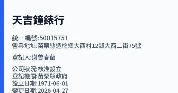 天吉鐘錶行的照片-統編 50015751(苗栗縣) 公司登記資料與營業項目詳細圖表