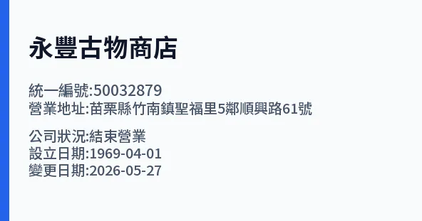 永豐古物商店的照片-統編 50032879(苗栗縣) 公司登記資料與營業項目詳細圖表