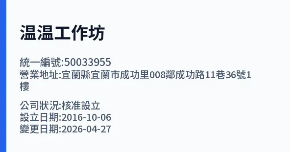 温温工作坊的照片-統編 50033955(宜蘭縣) 公司登記資料與營業項目詳細圖表