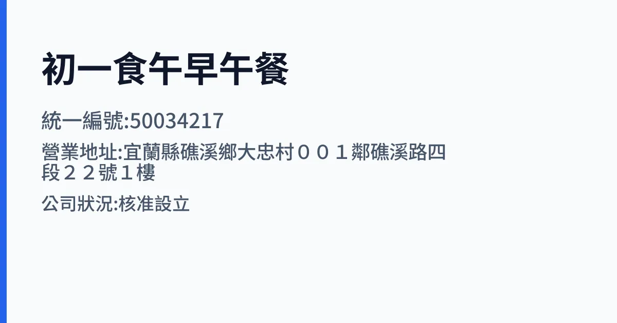 初一食午早午餐 - 統編 50034217(宜蘭縣) 公司登記資料與營業項目詳細圖表