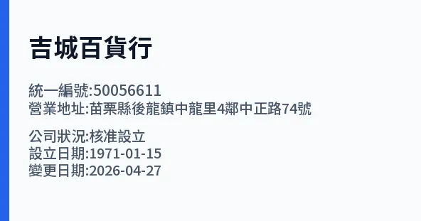 吉城百貨行的照片-統編 50056611(苗栗縣) 公司登記資料與營業項目詳細圖表