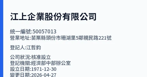 江上企業股份有限公司的照片-統編 50057013(苗栗縣) 公司登記資料與營業項目詳細圖表