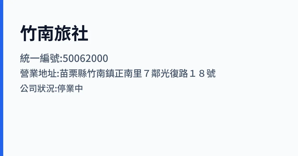 竹南旅社 - 統編 50062000(苗栗縣) 公司登記資料與營業項目詳細圖表