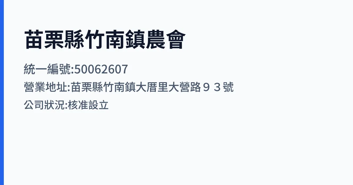 苗栗縣竹南鎮農會 - 統編 50062607(苗栗縣) 公司登記資料與營業項目詳細圖表