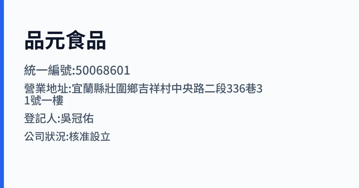品元食品 - 統編 50068601(宜蘭縣) 公司登記資料與營業項目詳細圖表