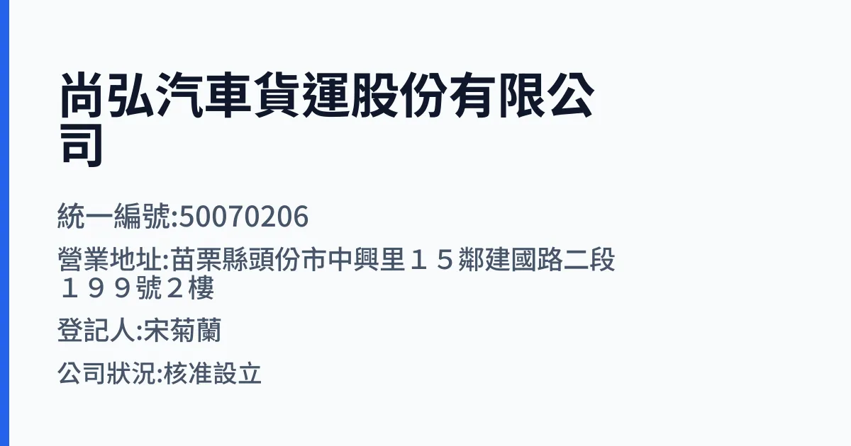尚弘汽車貨運股份有限公司 - 統編 50070206(苗栗縣) 公司登記資料與營業項目詳細圖表