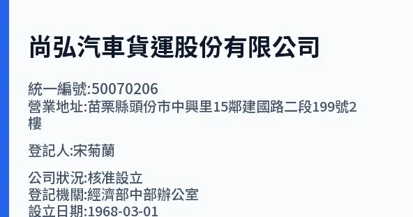尚弘汽車貨運股份有限公司的照片-統編 50070206(苗栗縣) 公司登記資料與營業項目詳細圖表
