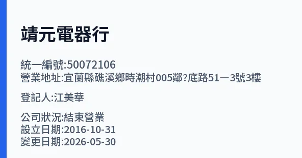 靖元電器行的照片-統編 50072106(宜蘭縣) 公司登記資料與營業項目詳細圖表