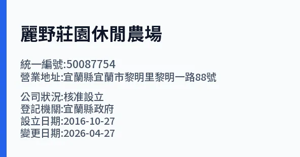 麗野莊園休閒農場的照片-統編 50087754(宜蘭縣) 公司登記資料與營業項目詳細圖表