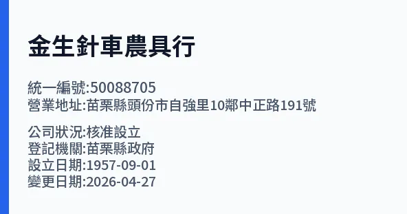 金生針車農具行的照片-統編 50088705(苗栗縣) 公司登記資料與營業項目詳細圖表