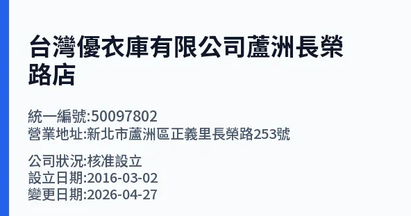 台灣優衣庫有限公司蘆洲長榮路店的照片-統編 50097802(新北市) 公司登記資料與營業項目詳細圖表