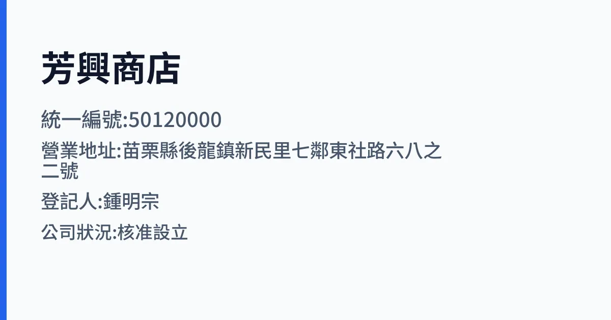 芳興商店 - 統編 50120000(苗栗縣) 公司登記資料與營業項目詳細圖表