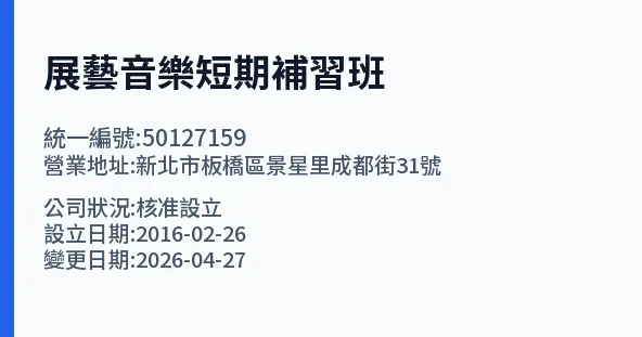 展藝音樂短期補習班的照片-統編 50127159(新北市) 公司登記資料與營業項目詳細圖表