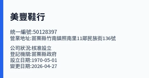 美豐鞋行的照片-統編 50128397(苗栗縣) 公司登記資料與營業項目詳細圖表
