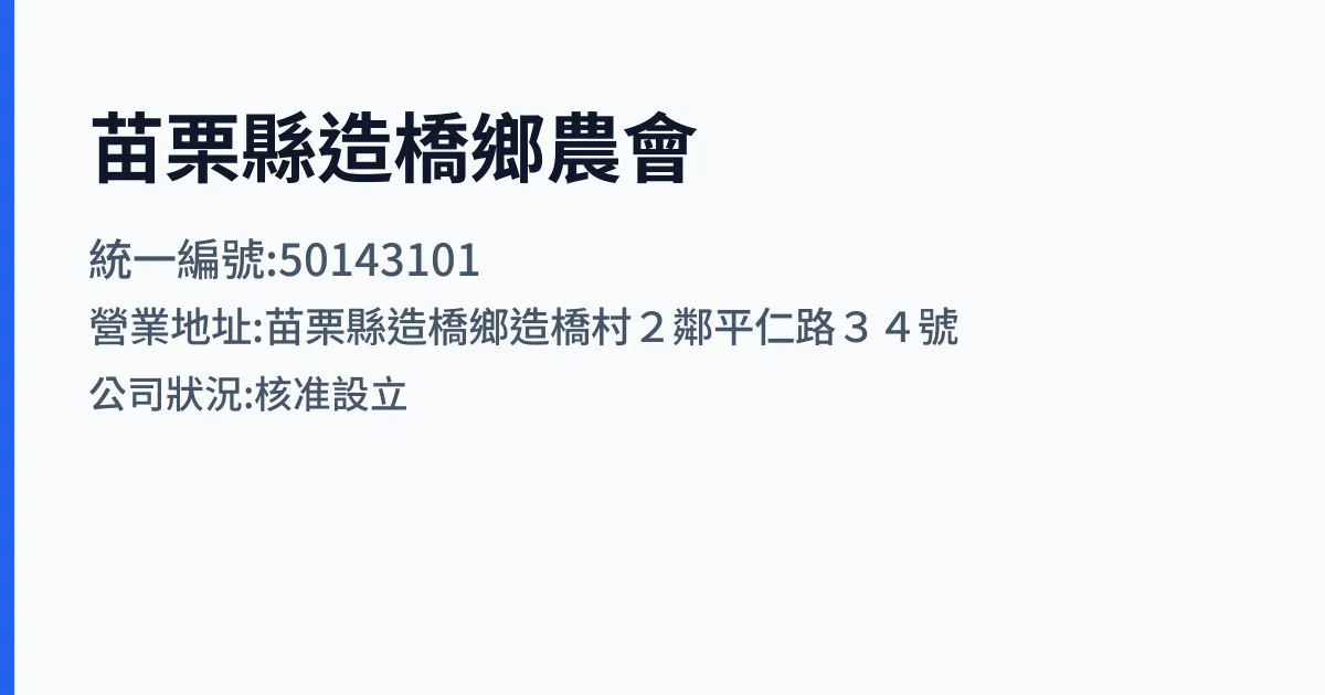 苗栗縣造橋鄉農會 - 統編 50143101(苗栗縣) 公司登記資料與營業項目詳細圖表