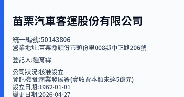 苗栗汽車客運股份有限公司的照片-統編 50143806(苗栗縣) 公司登記資料與營業項目詳細圖表