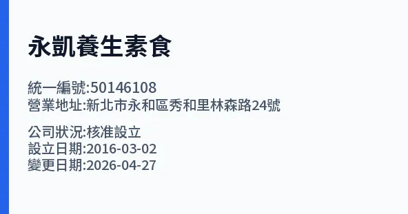 永凱養生素食的照片-統編 50146108(新北市) 公司登記資料與營業項目詳細圖表